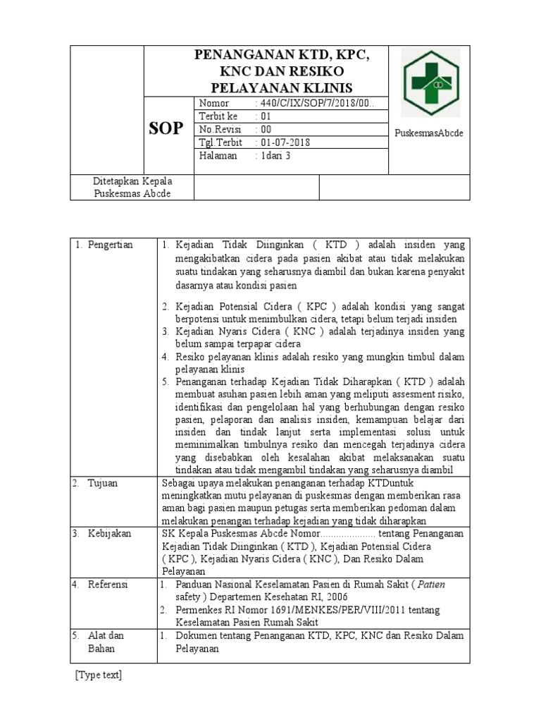 SOP KTD, KPC, KNC, Resiko Pelayanan Klinis | PDF