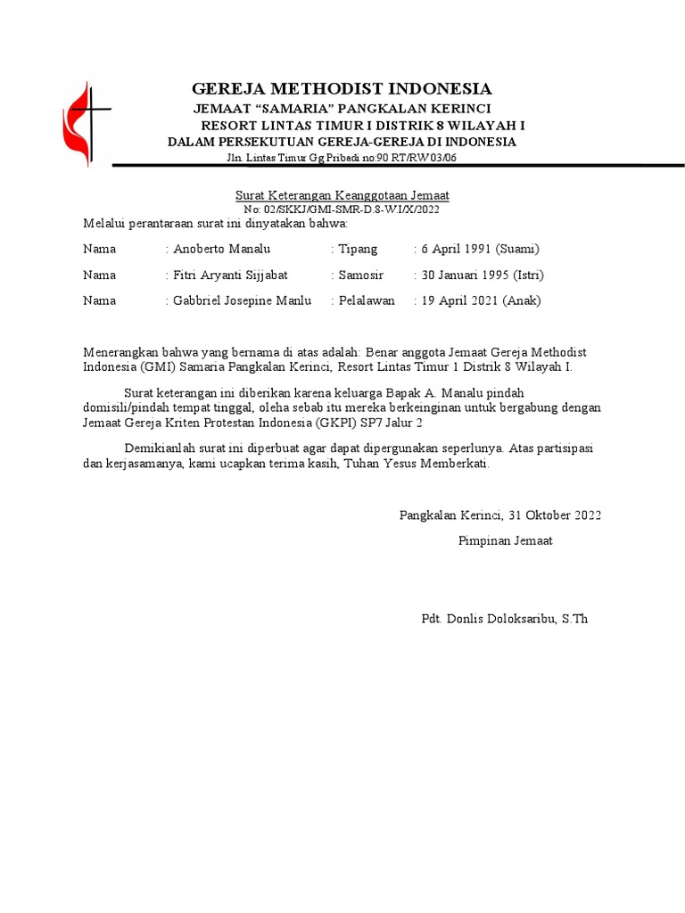 Surat Keterangan Pindah Jemaat GMI ke GKPI | PDF