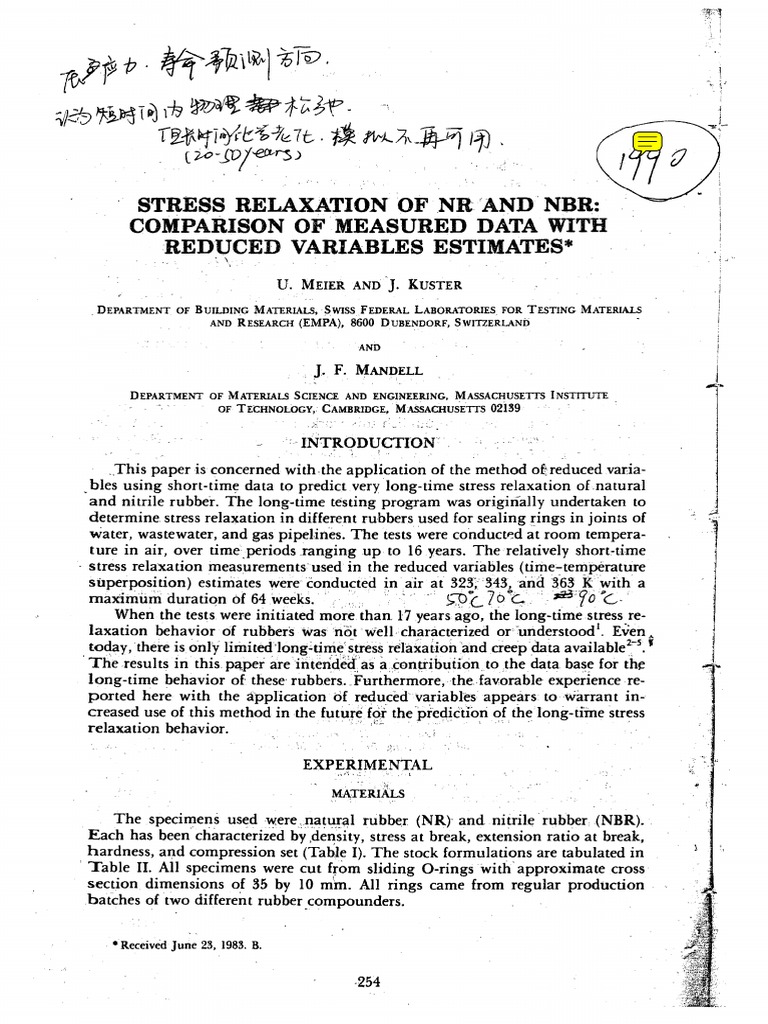 1984 Stress Relaxation Of Nr And Nbr Comparison Of Measured Data With Reduced Variables