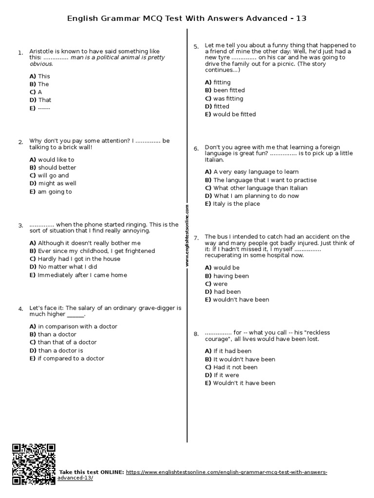640 - English Grammar MCQ Test With Answers Advanced 13 | PDF