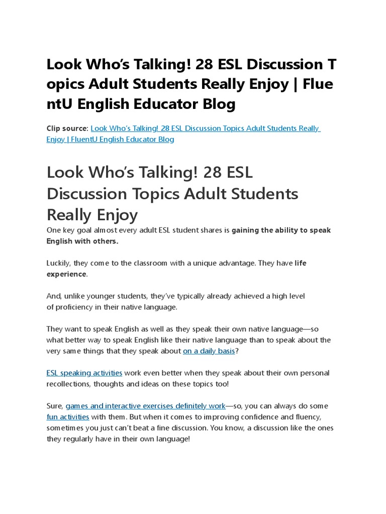 28 ESL Discussion Topics Adult Students | PDF | English As A Second Or ...