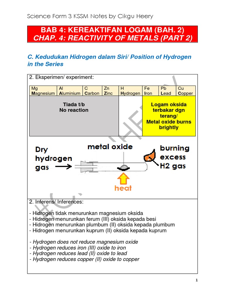 KSSM Science Form 3 Notes on Reactivity of Metals and Thermochemistry ...