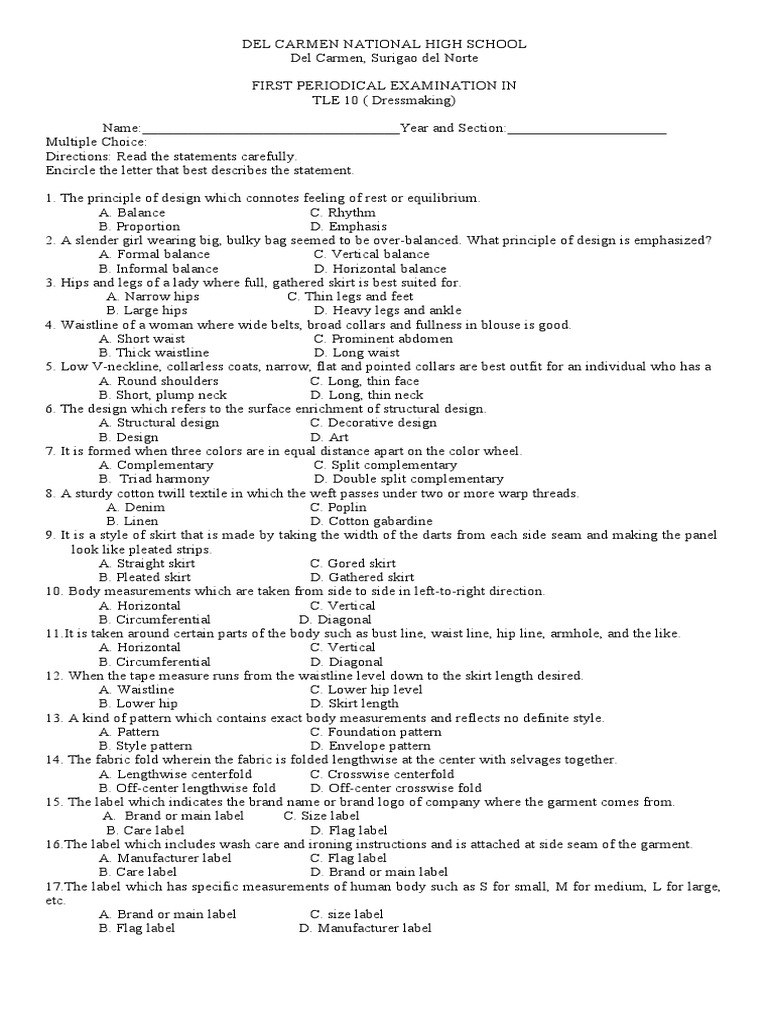 TLE 10-First Quarter Exam | PDF | Sewing | Seam (Sewing)