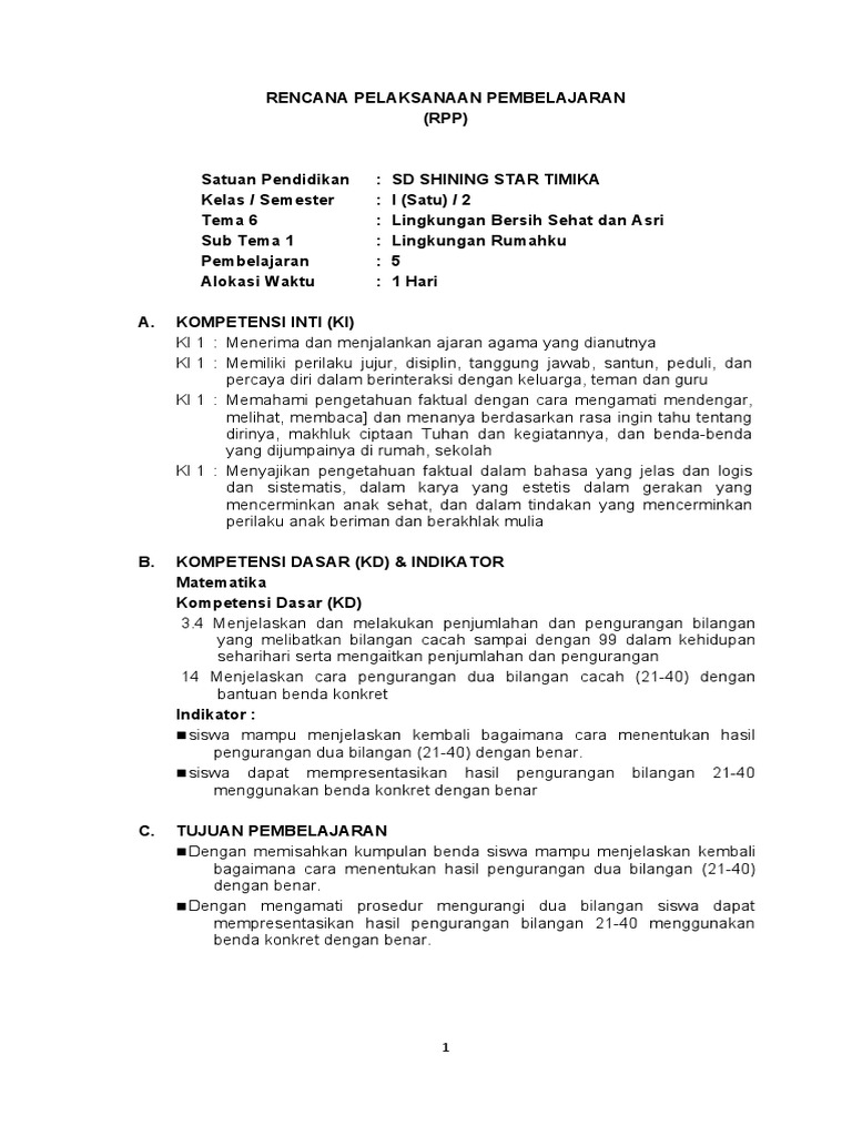 RPP Kls 1 SMT 2 Tema 6 | PDF | Karier & Perkembangan