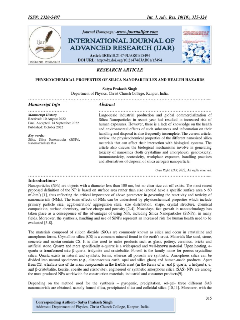 Physicochemical Properties of Silica Nanoparticles and Health Hazards ... Physicochemical Properties of Silica Nanoparticles and Health Hazards ...