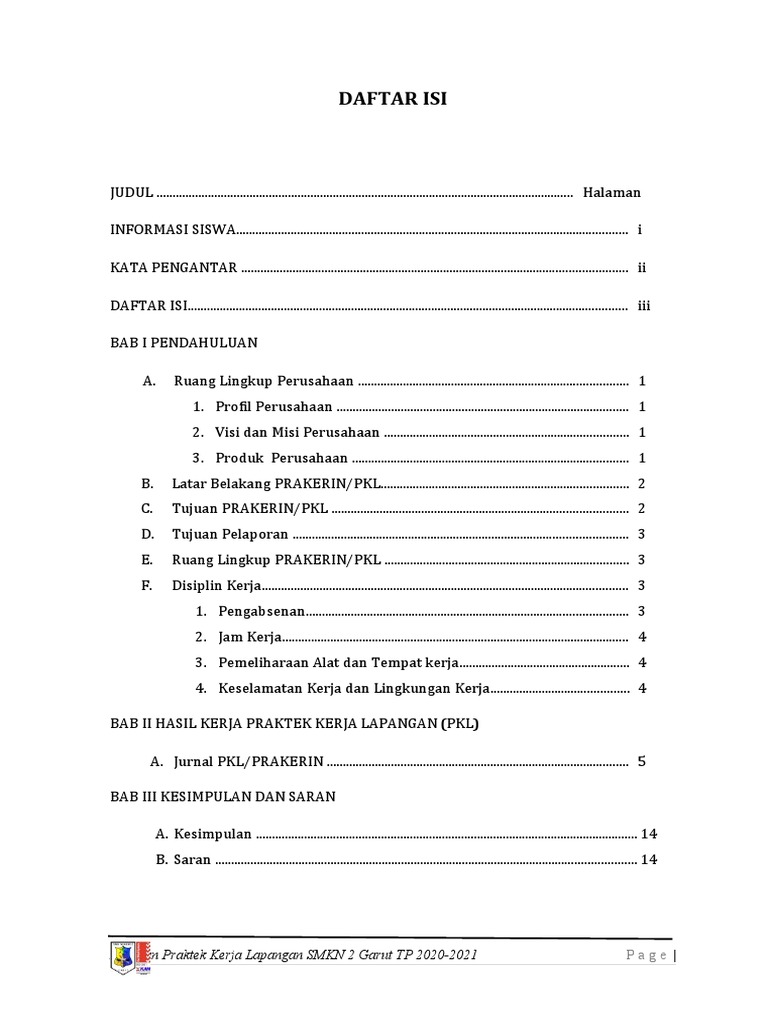Daftar Isi Laporan Kegiatan PKL | PDF