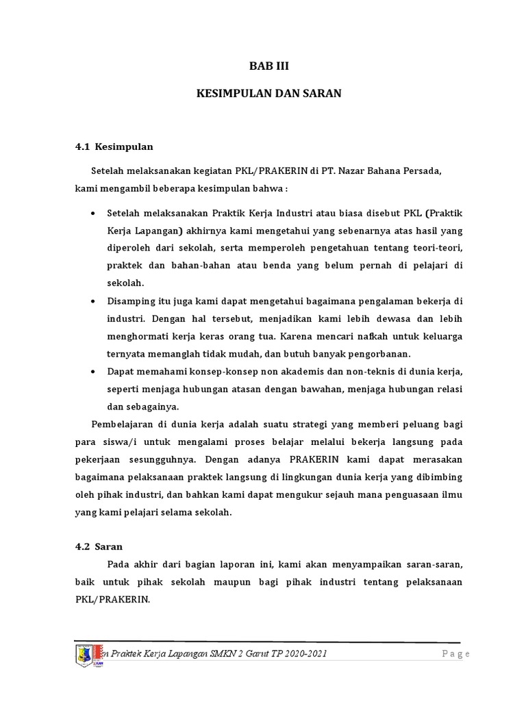 Kesimpulan & Saran Kegiatan PKL | PDF | Karier & Perkembangan