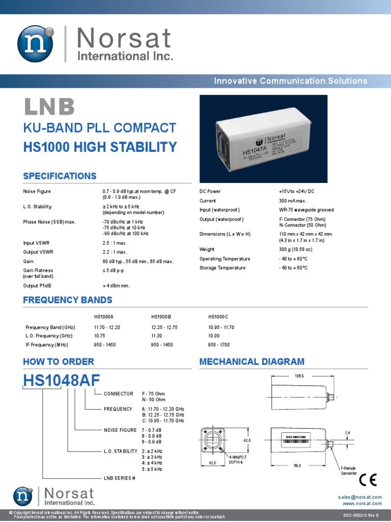 HS1000 Spec Sheet Norsat LNB | PDF | Decibel | Hertz