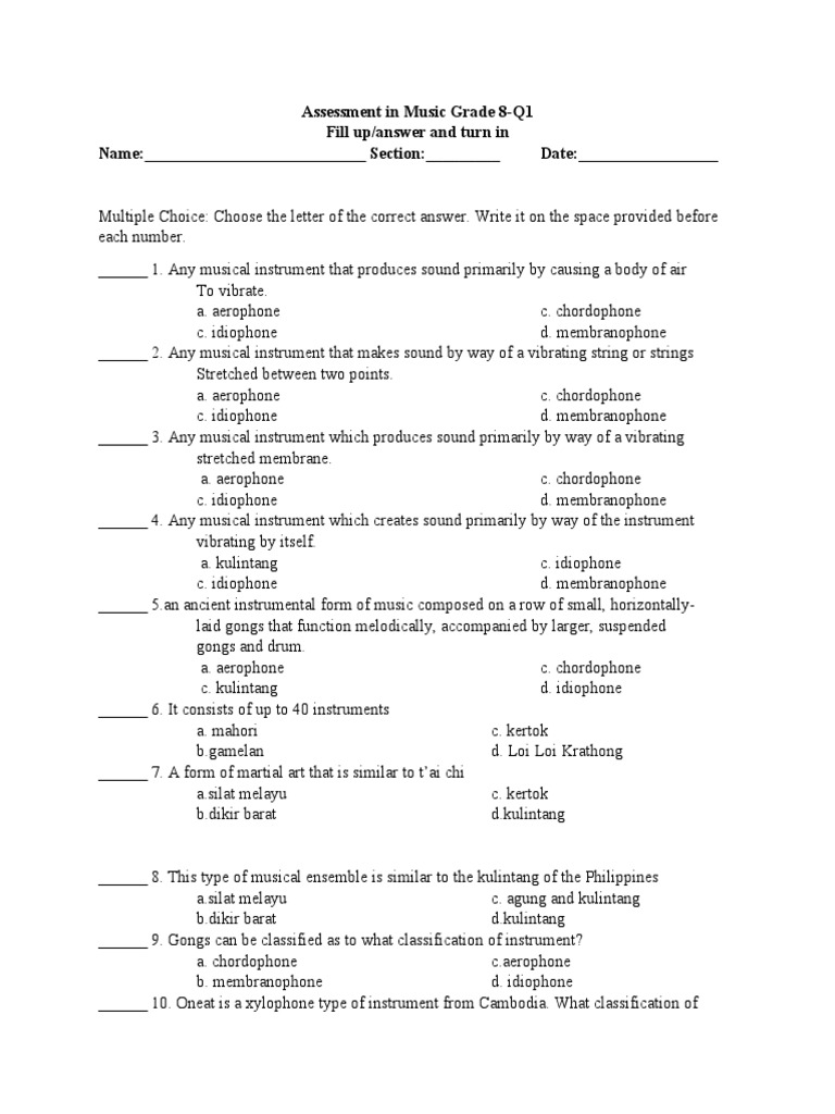 Assessment in Music Grade 8-Q1: An Analysis of Musical Instrument ...