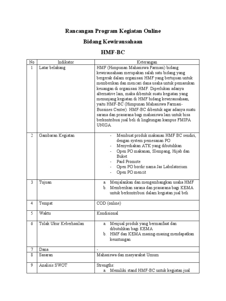 Rancangan Program Kegiatan HMF-BC-1 | PDF