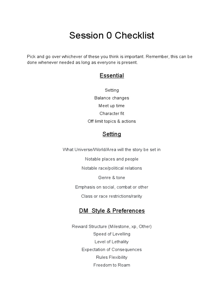 Session 0 Checklist | PDF