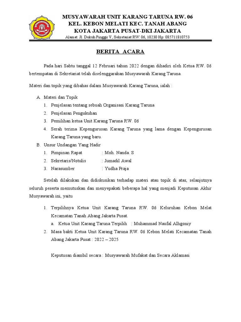 Berita Acara Musyawarah Karang Taruna | PDF | Karier & Perkembangan