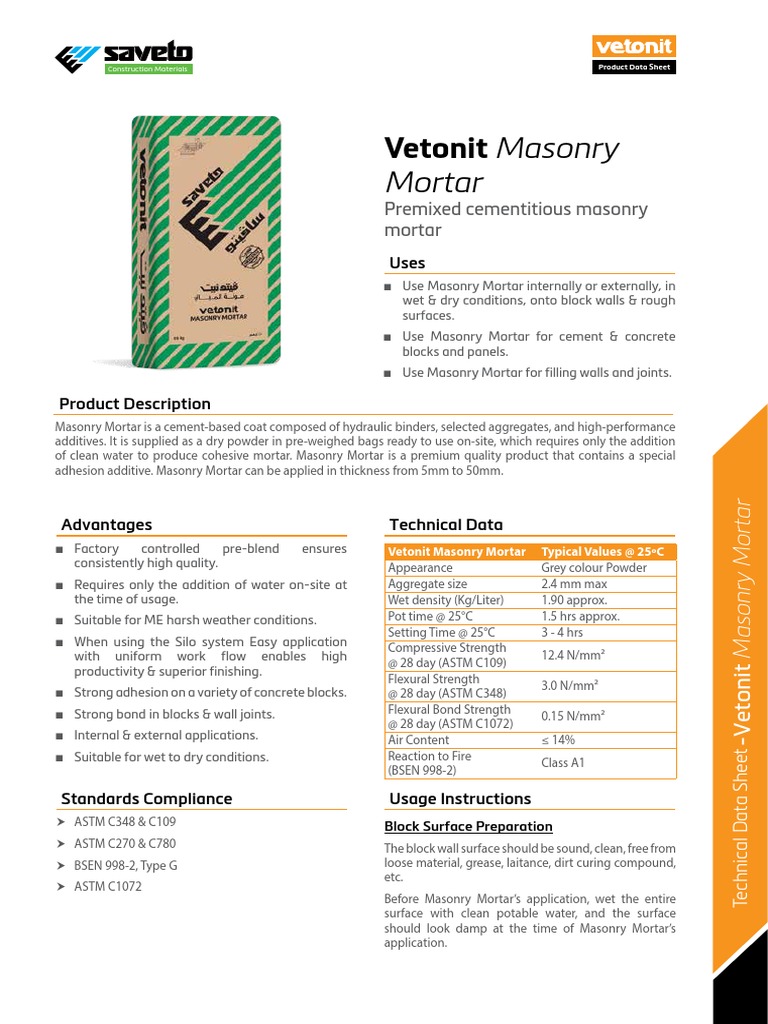 02 Vetonit Masonry Mortar - Group 180821 | PDF | Mortar (Masonry) | Masonry