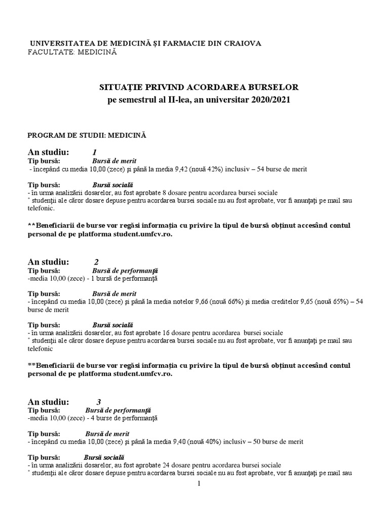 Situaţie Privind Acordarea Burselor Sem II 2020-2021 | PDF