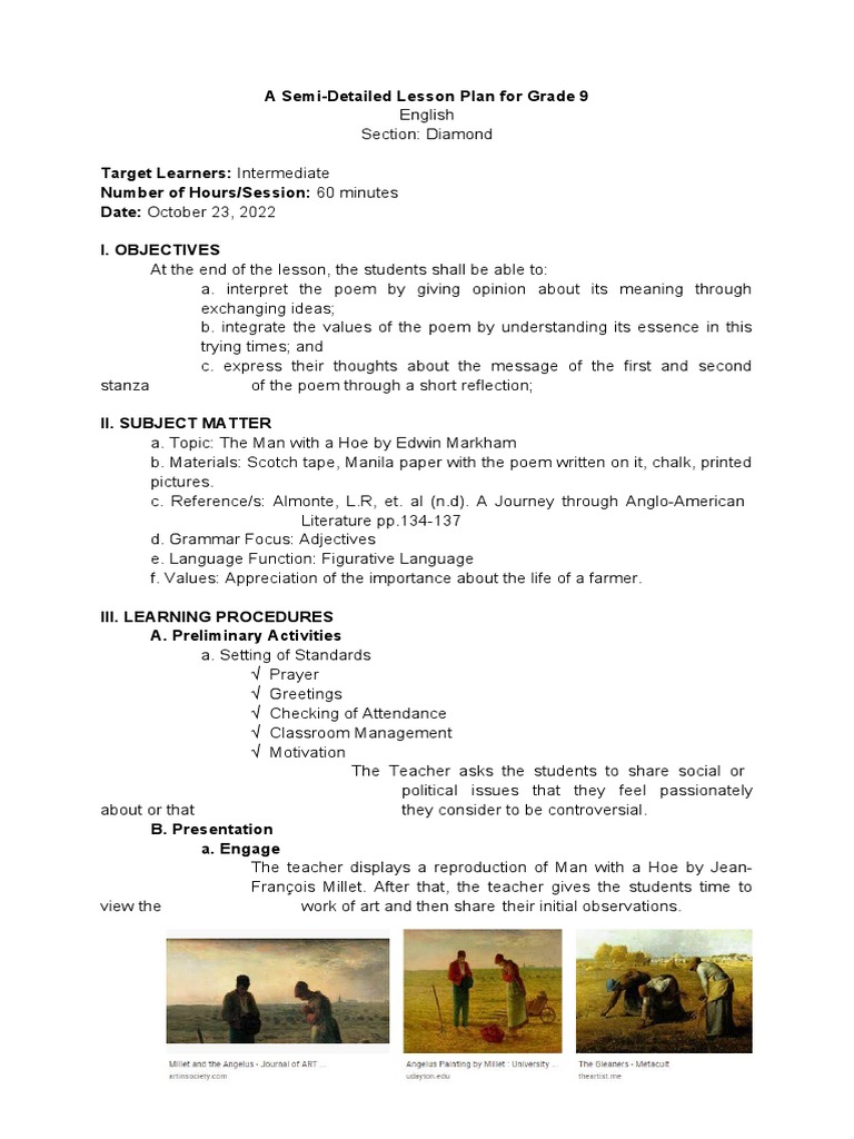 Lesson Plan: The Man with a Hoe | PDF | Teachers | Lesson Plan