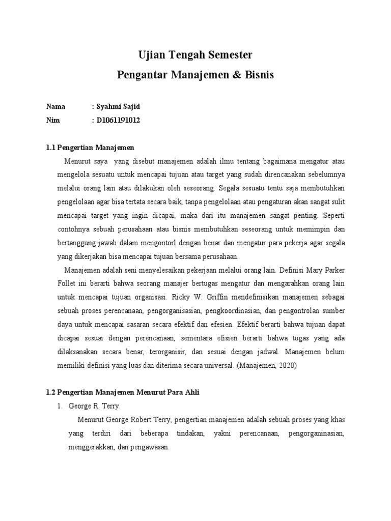 UTS Pengantar Manajemen Dan Bisnis | PDF