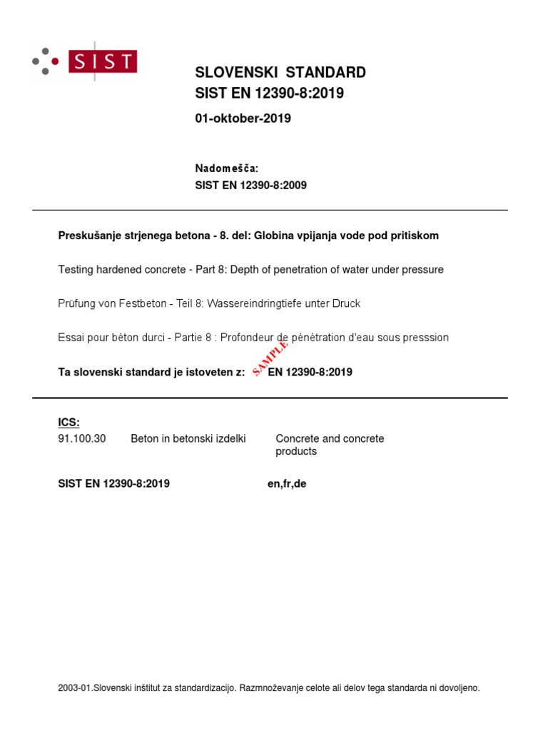 Sist en 12390 8 2019 | PDF | Concrete | Pressure