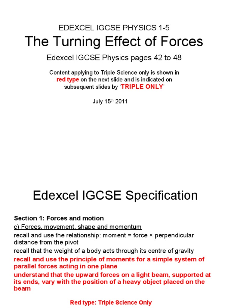 The Turning Effect of Forces: Edexcel Igcse Physics 1-5 Edexcel IGCSE Physics Pages 42 To 48 ...