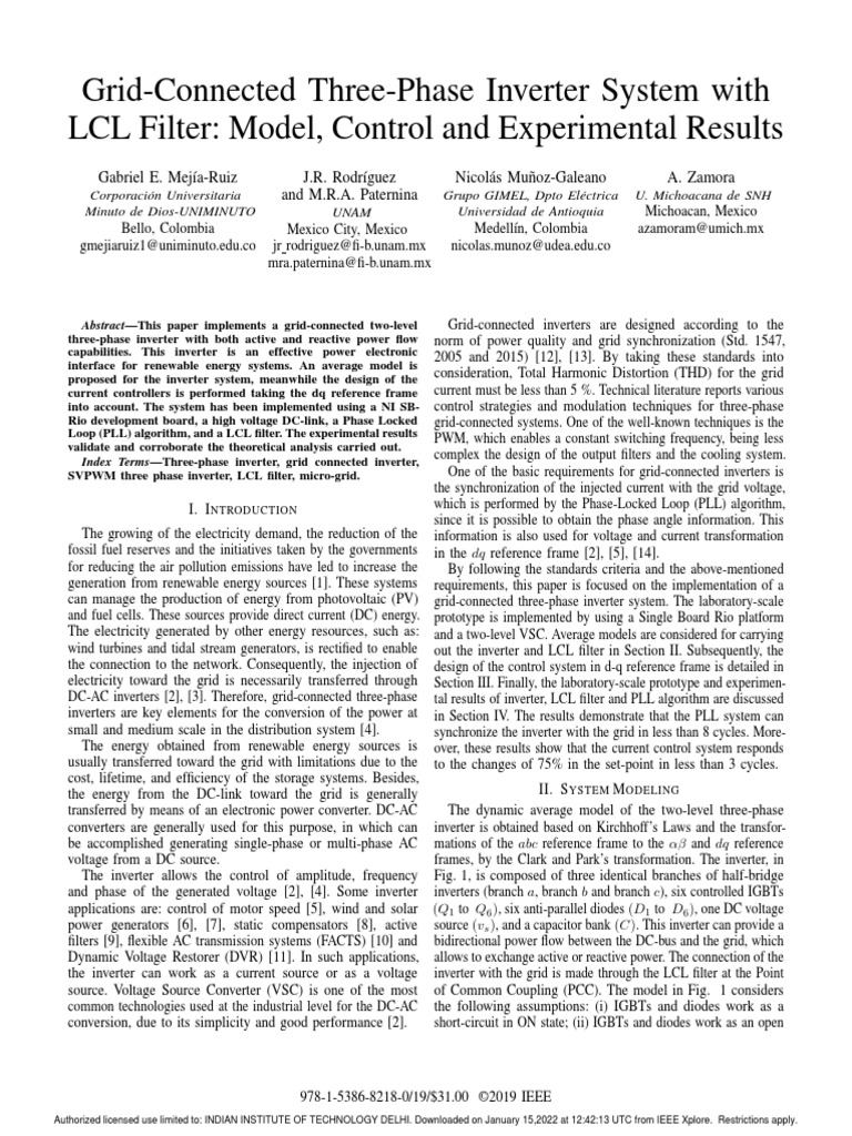 Grid-Connected Three-Phase Inverter System With LCL Filter Model Control and Experimental ...