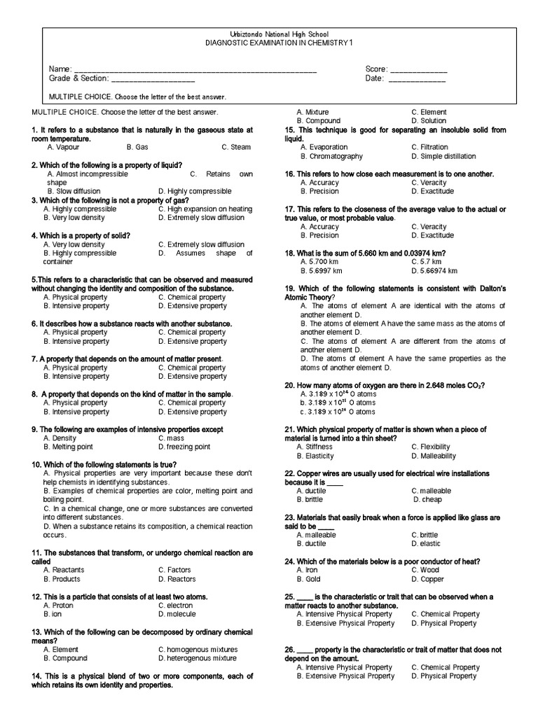 Diagnostic Test - General Chemistry 1 | PDF | Chemical Substances ...