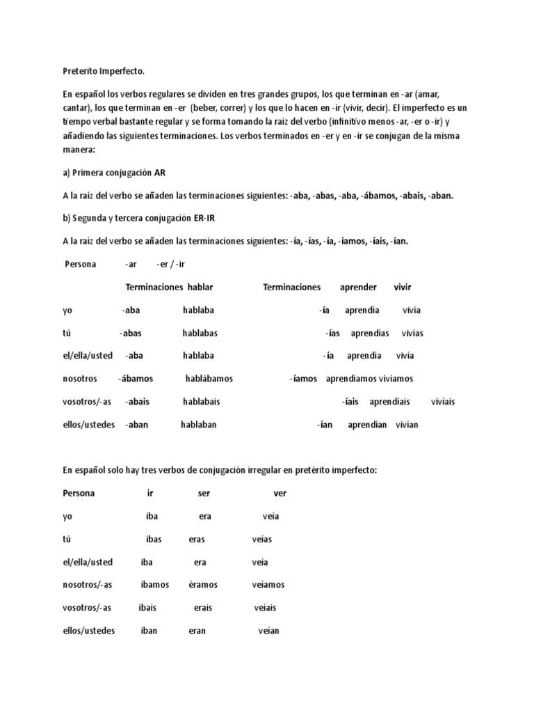 Imperfecto . | PDF | Verbo | Conjugación gramatical