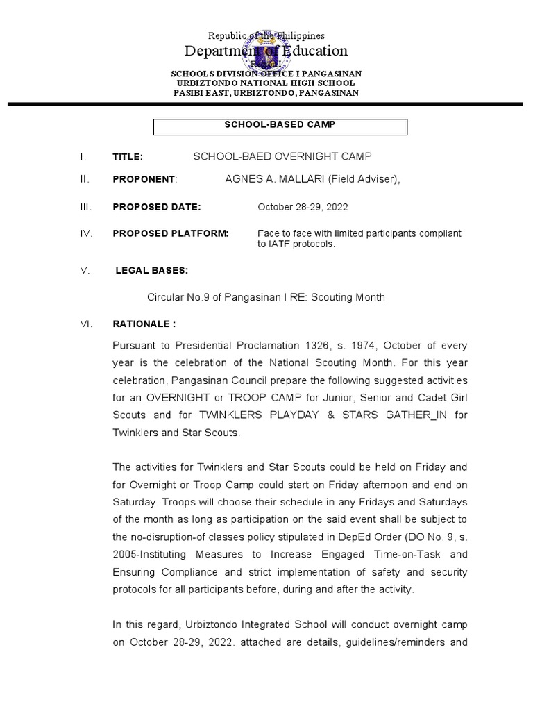 Uis Copy - Training-Proposal-Gsp-Camp | PDF | Meal | Scouting