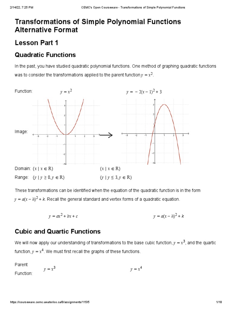 2 Transformations Of Simple Polynomial Functions Pdf Cartesian Coordinate System Equations