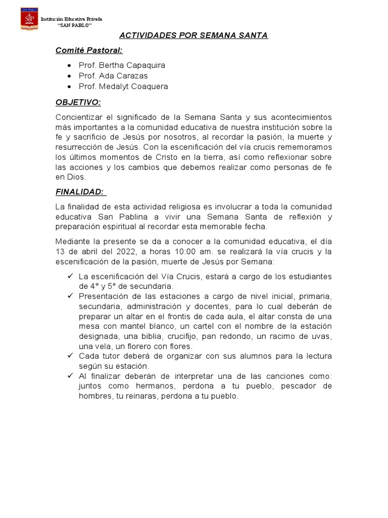 Actividades de Semana Santa en San Pablo | PDF | Estaciones de la Cruz ...