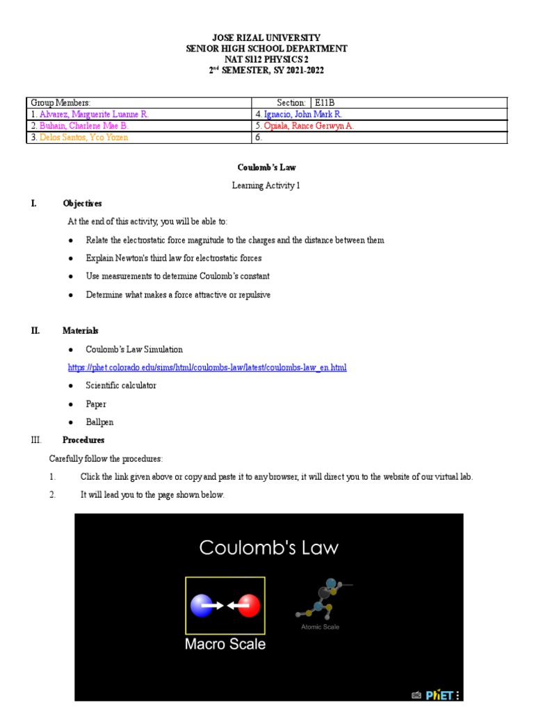 Learning Activity (Coulomb's Law) | PDF | Force | Electric Charge