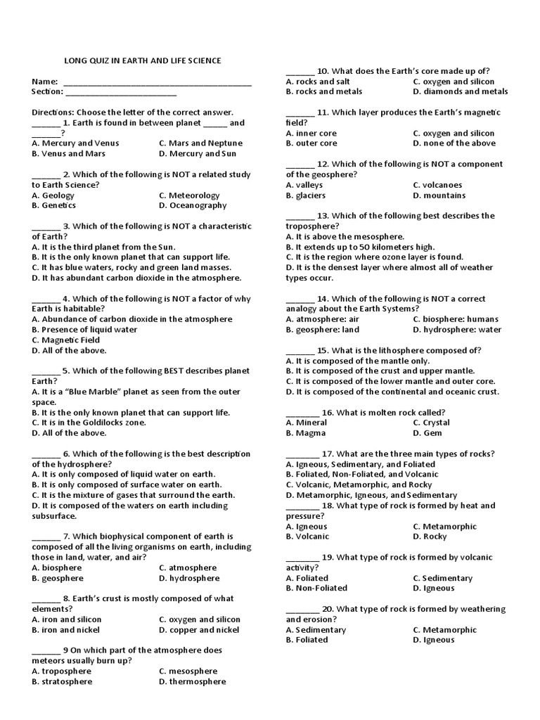 Earth and Life Science Long Quiz | PDF | Rock (Geology) | Igneous Rock