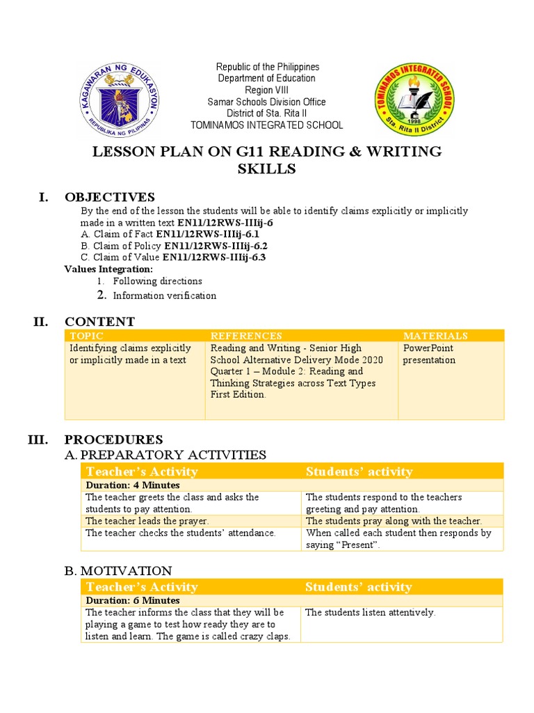G11 Reading & Writing Lesson Plan | PDF | Teachers | Lesson Plan