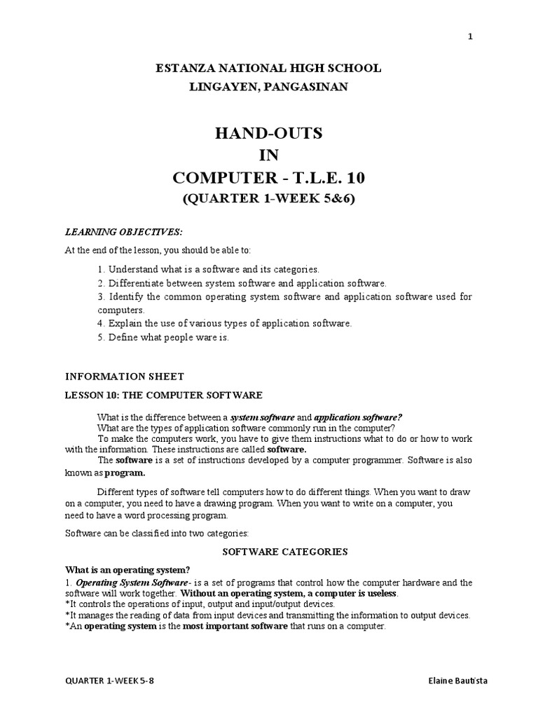 Hand Outs Quarter 1 Week 5 8 Tle 10 | PDF | Operating System | Software