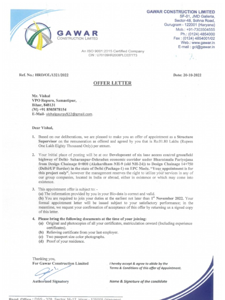 Offer Letter - Mr. Vishal | PDF