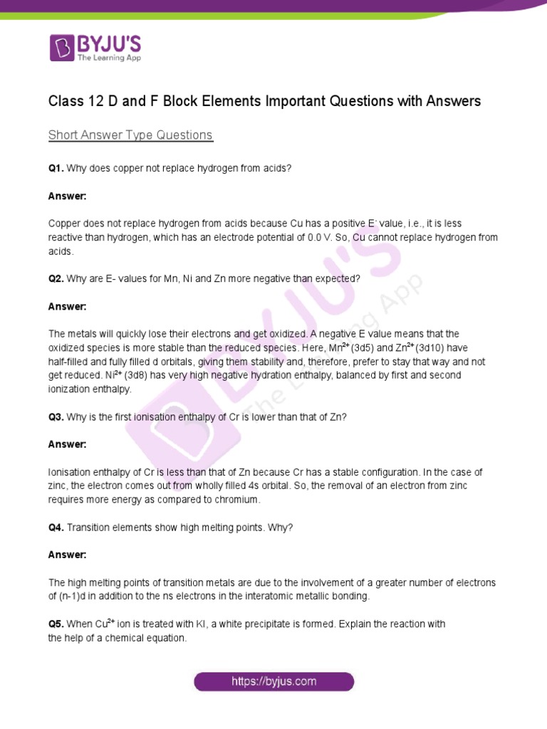 Key Insights on D and F Block Elements | PDF | Transition Metals ...