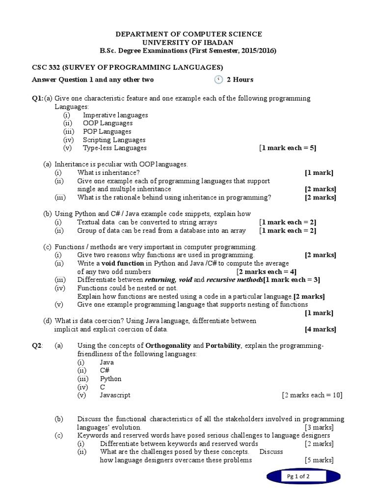 CSC 332 Past Questions and Marking Scheme | PDF | Reserved Word | Programming