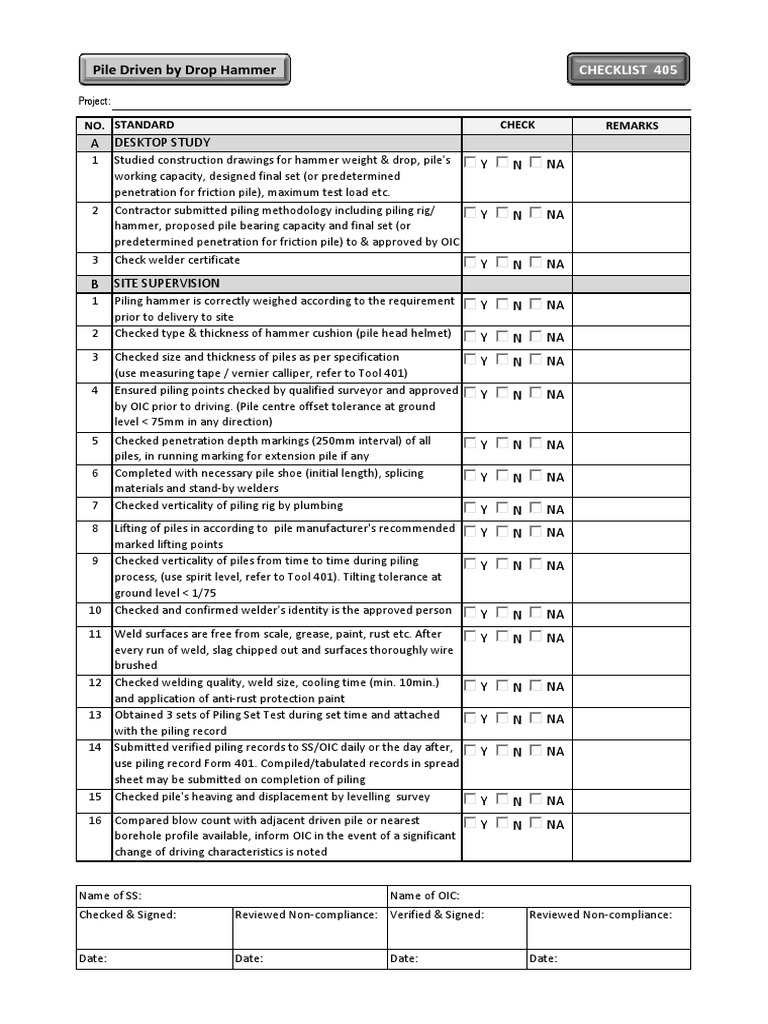 Drop Hammer Piling Inspection Checklist | PDF | Deep Foundation | Welding