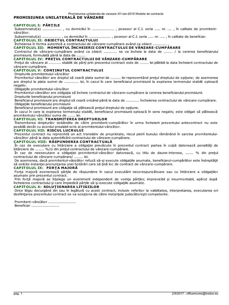 Promisiunea Unilaterala de Vanzare 01 Ian 2010 Modele de Contracte | PDF