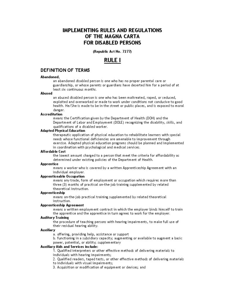 RA 7277 Magna Carta For Disabled Persons IRR | PDF | Employment ...