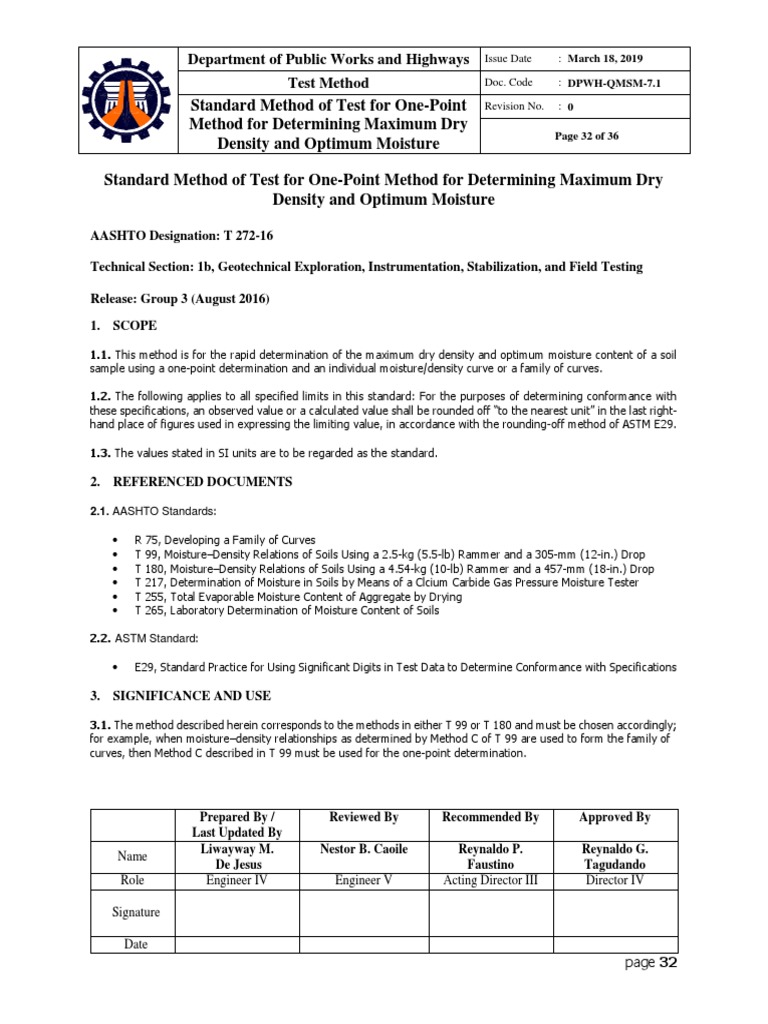 AASHTO T 272 - Standard Method of Test For One-Point Method For ...