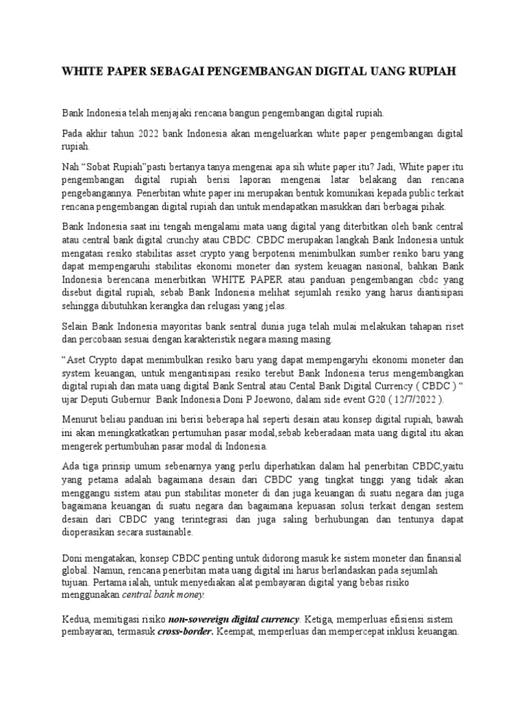 Frederick - WHITE PAPER Sebagai Pengembangan Digital Uang Rupiah | PDF