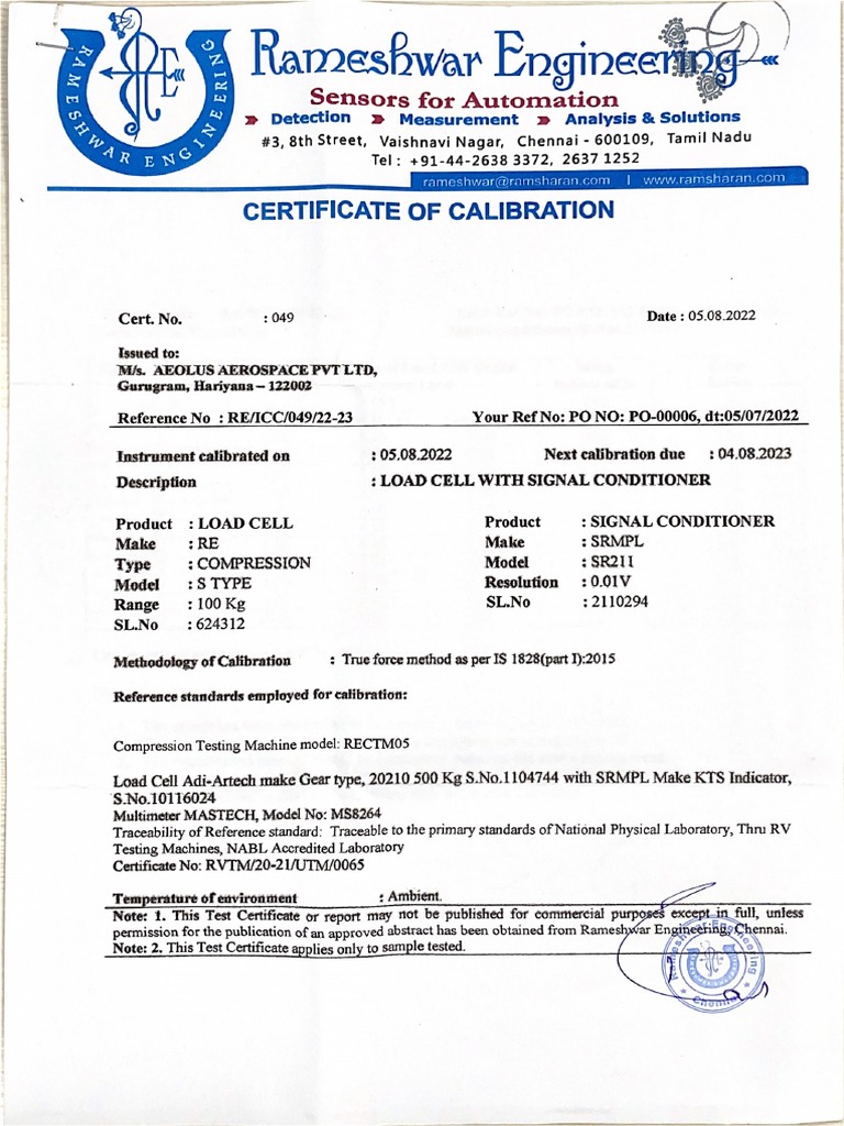 S-Load Cell Calibration Certificate | PDF