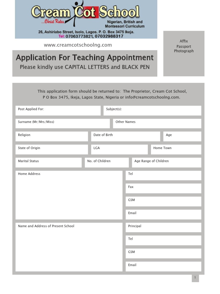 Application Form For NEW Teachers | PDF