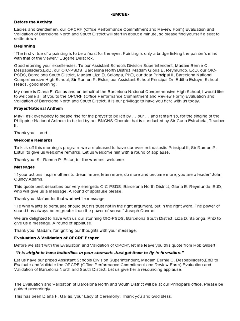 Emcee Script For OPCRF Evaluation and Validation | PDF