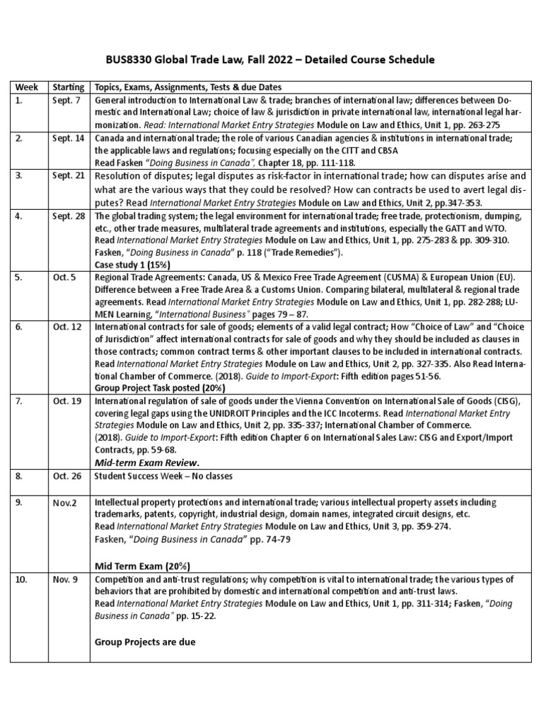 BUS8330 - F2022 - Detailed Course Schedule | PDF | Trade Agreements | World Trade Organization