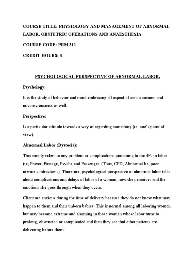 Psychological Management of Abnormal Labor | PDF | Childbirth | Fetus