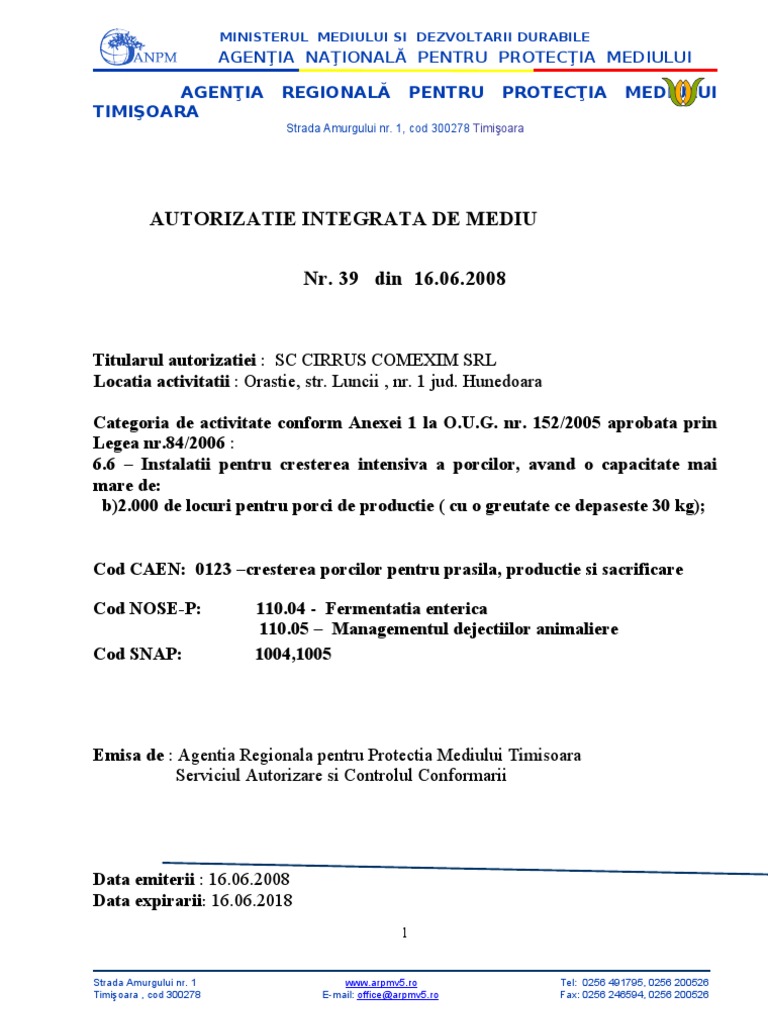 Autorizatie Mediu Ferma Porci