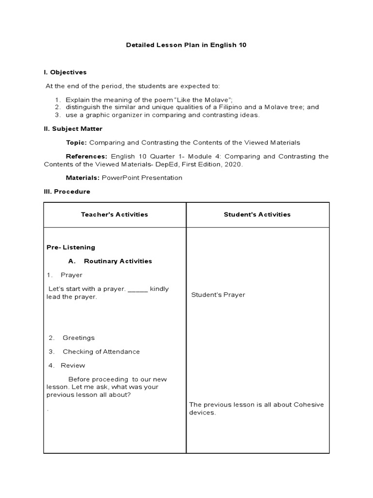 Qualities of the Molave in Poetry | PDF | Lesson Plan | English Language