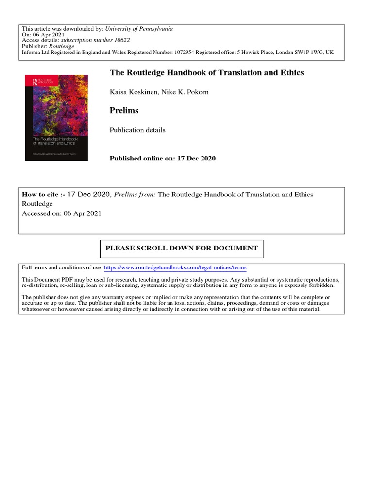 The Routledge Handbook of Translation and Ethics | PDF | Translations ...