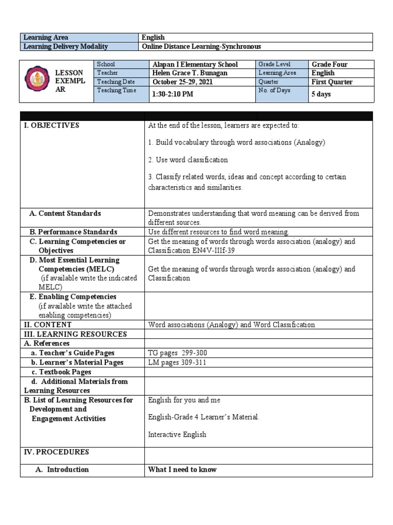 English 4 Q1 Melc7 | PDF | Learning | Analogy