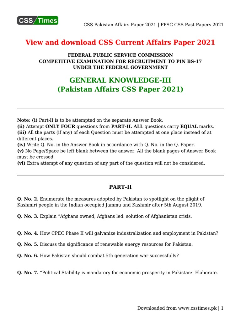 CSS Pakistan Affairs Paper 2021 - FPSC CSS Past Papers 2021 | PDF ...